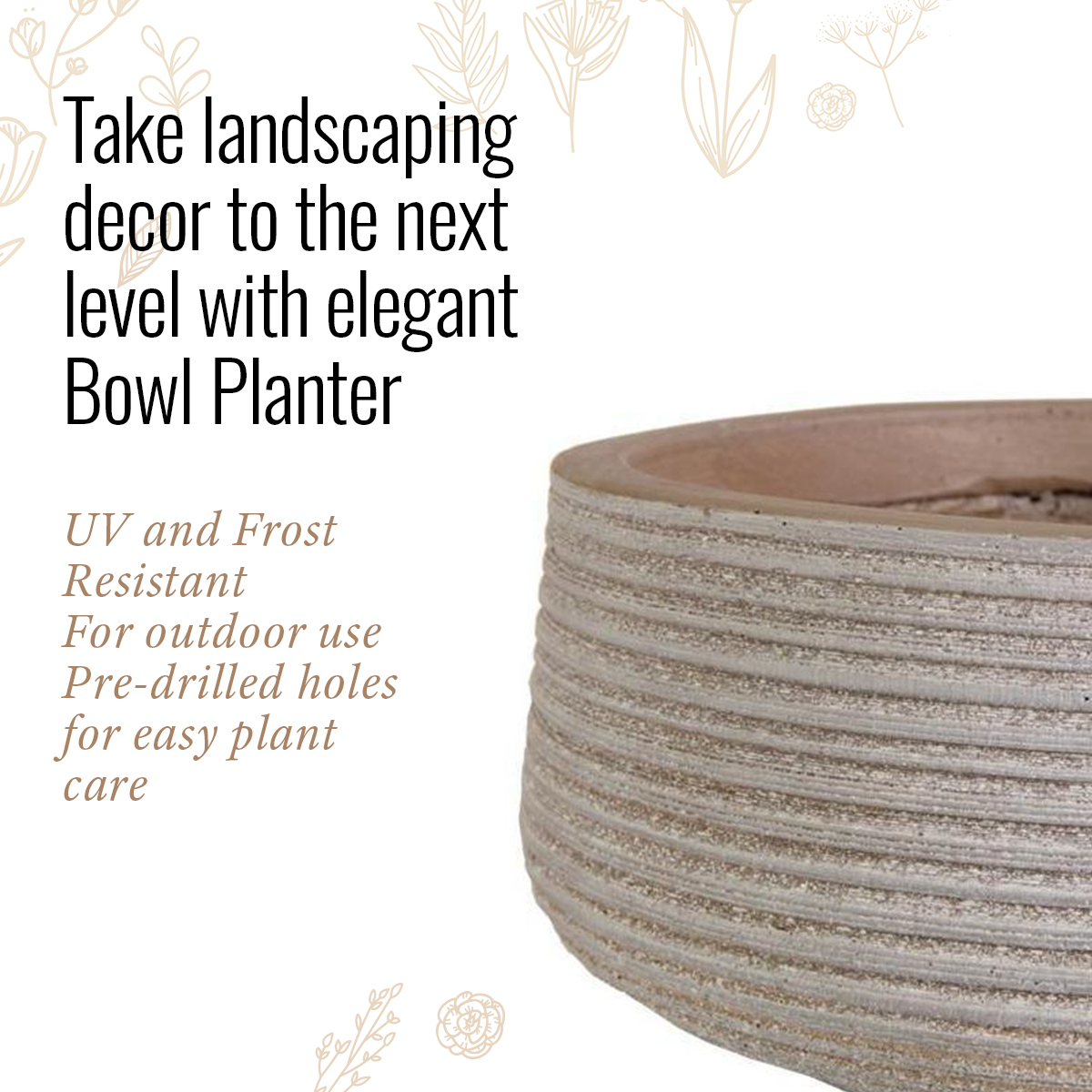 Large Ribbed Taupe Light Concrete Bowl Planter H18 D43 cm, 26 ltrs Cap ...
