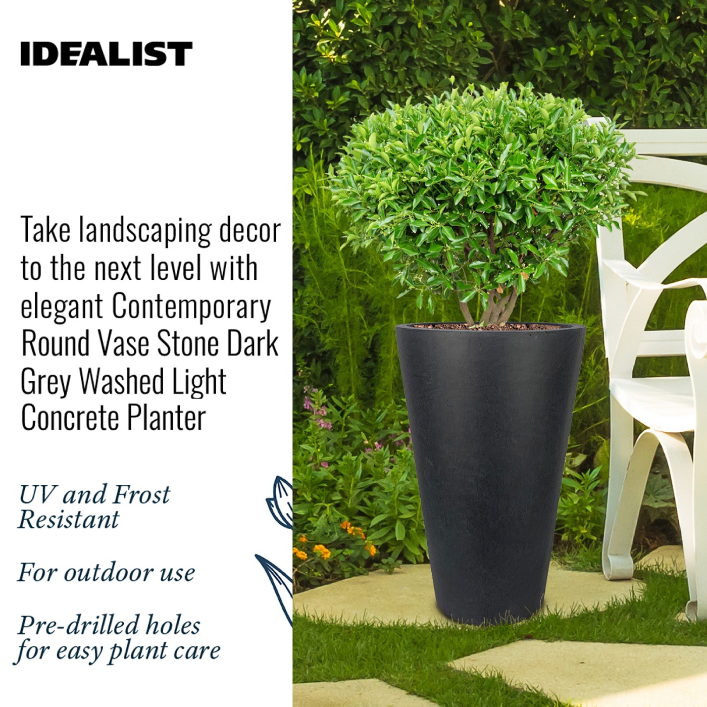 Contemporary Stone Dark Grey Washed Round Planter H51 L32 W32 cm, 41 ...