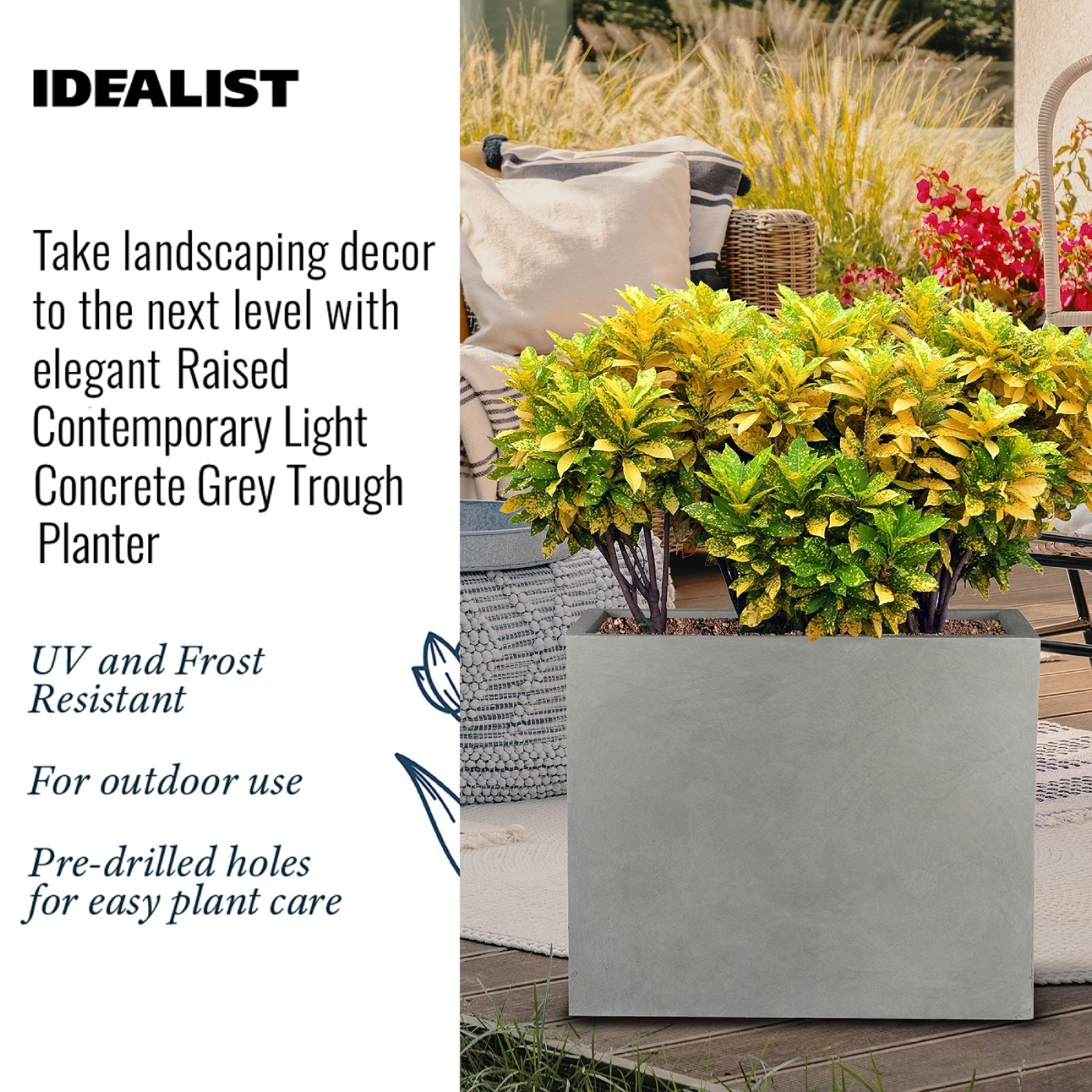 Raised Contemporary Light Concrete Grey Trough Planter H40 L50 W20 cm ...