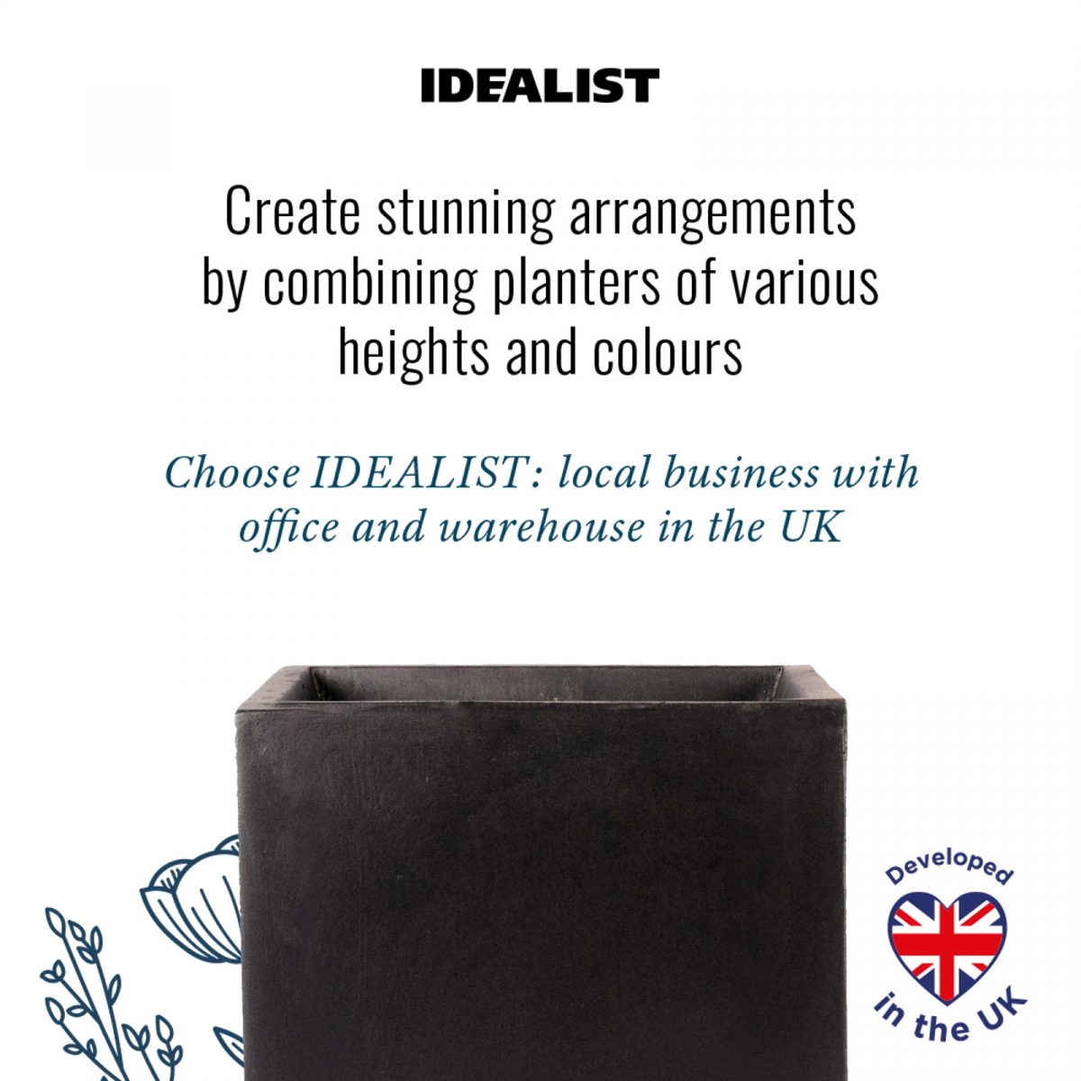 Square Box Black Light Concrete Garden Planter H50 L50 W50 cm, 126 ltrs ...