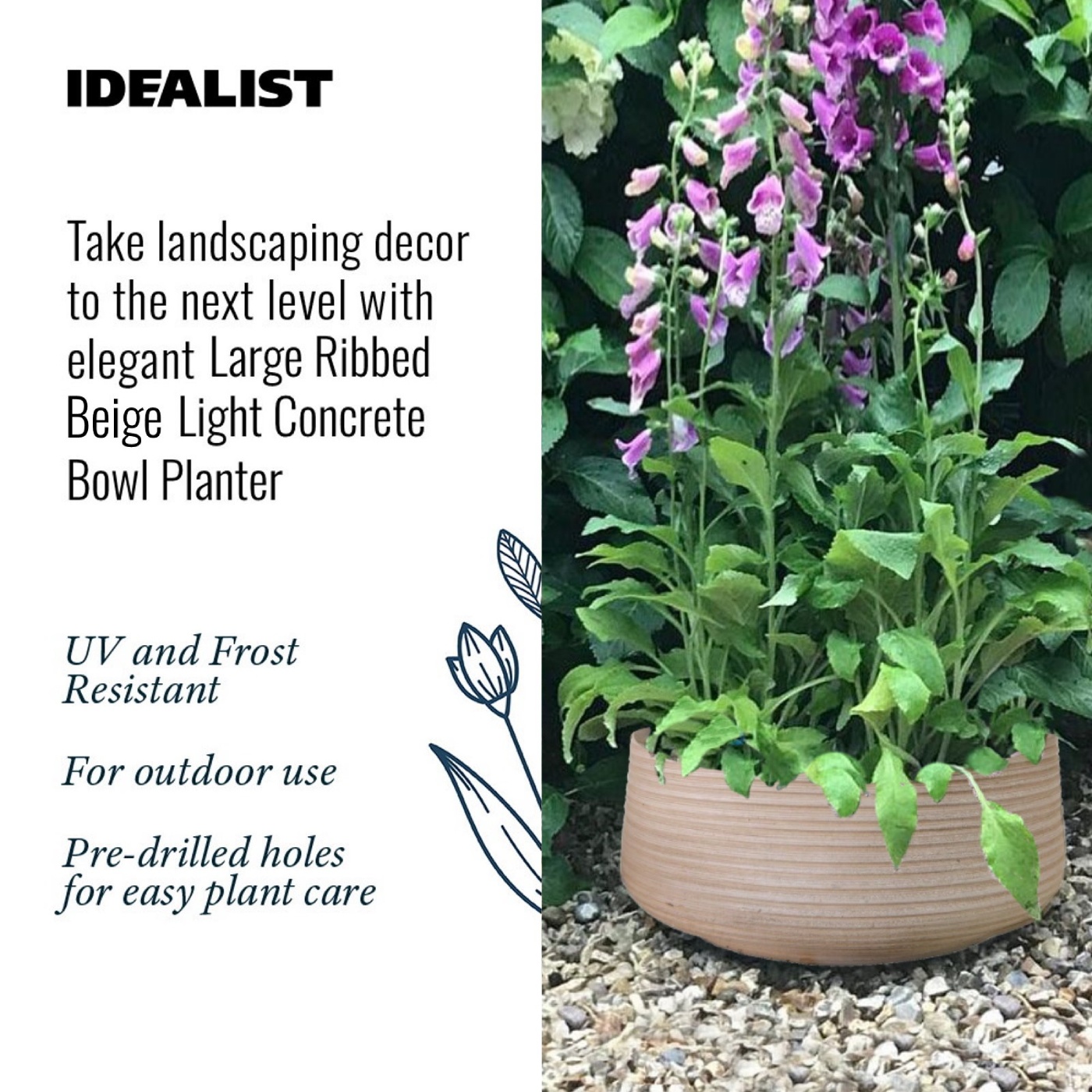 Large Ribbed Beige Light Concrete Bowl Planter H18 D43 cm, 26 ltrs Cap ...