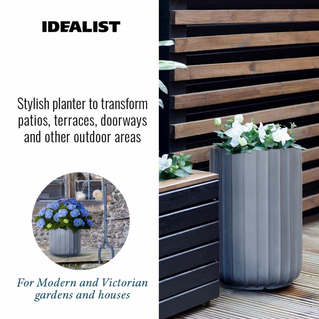 Modern Ribbed Light Grey Cylinder Round Outdoor Planter D24 H33 cm, 14. ...