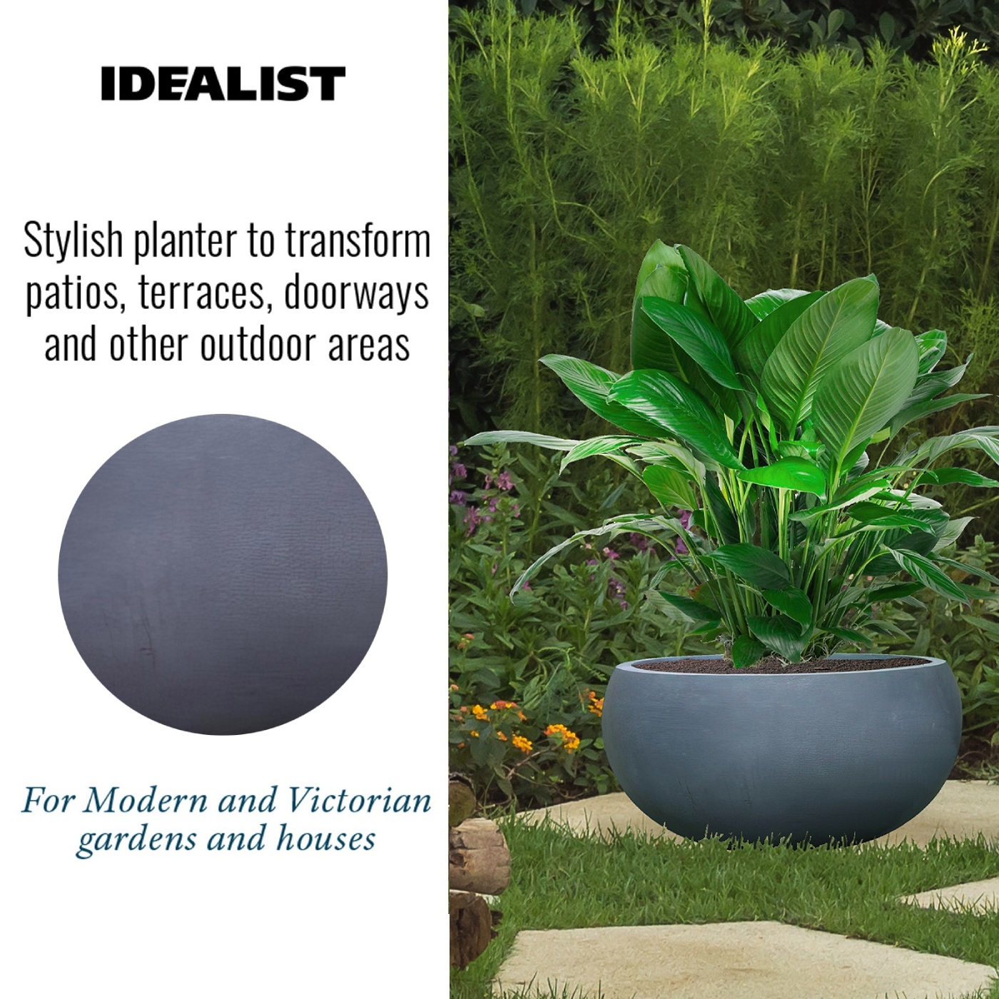 Classic Smooth Dark Grey Bowl Outdoor Planter D44 H21 cm, 31.9 ltrs Cap ...