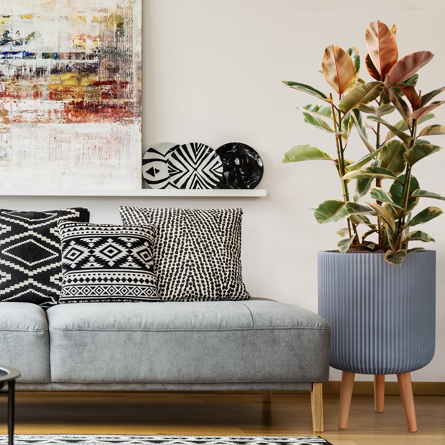 Ribbed Grey Cylinder Planter on Legs, Round Pot Plant Stand Indoor D37 ...