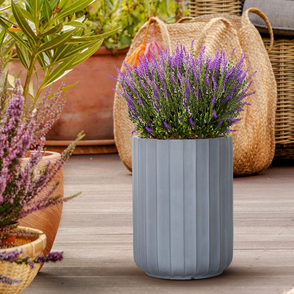 Modern Ribbed Light Grey Cylinder Round Outdoor Garden Planter D24 H33 ...