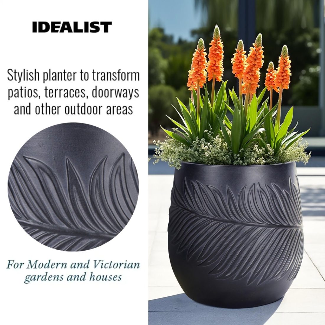 Leaf Embossed Black Garden Round Planter, Outdoor Plant Pot by Idealist ...