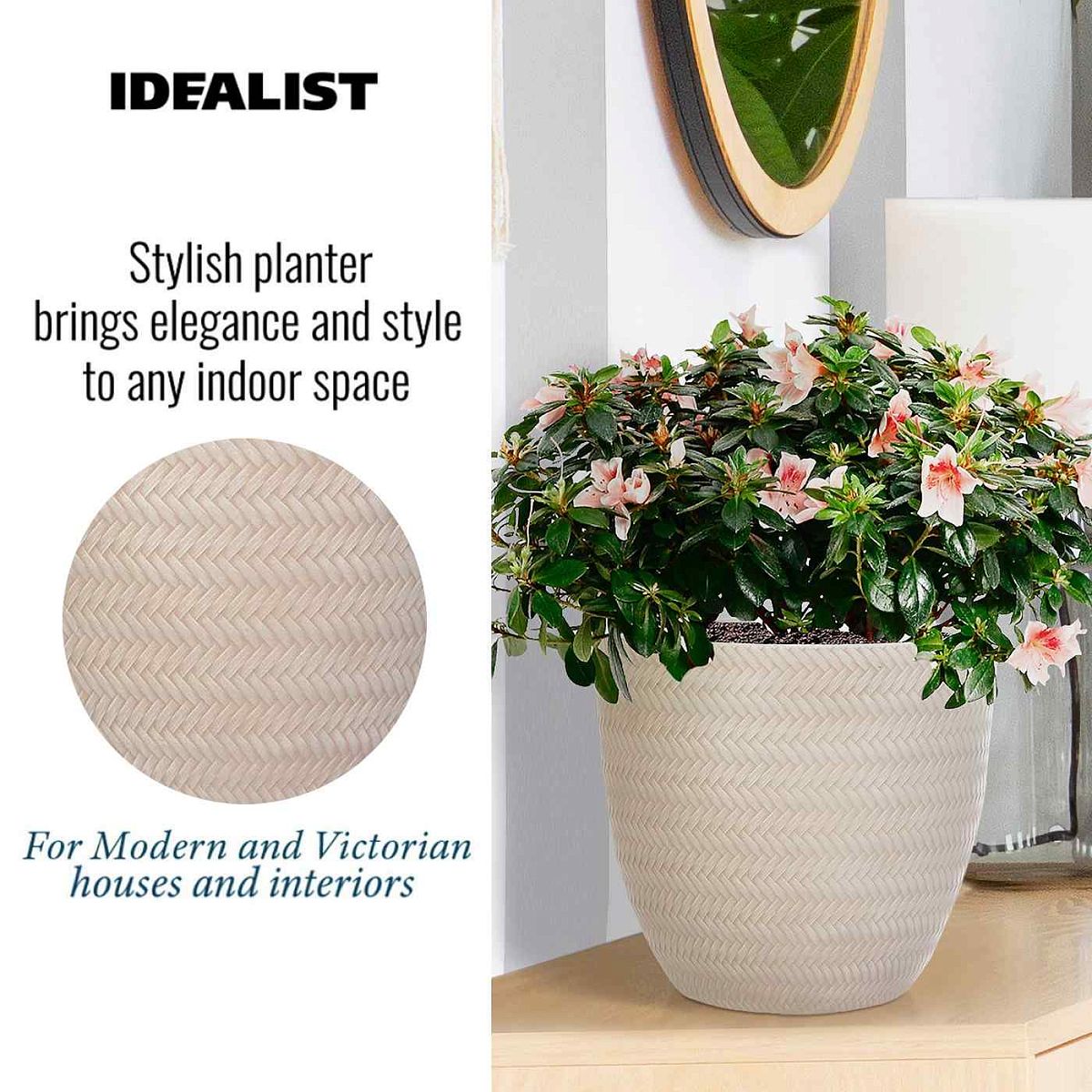 Plaited Style Beige Round Garden Planter, Outdoor Plant Pot D30 H28 cm ...