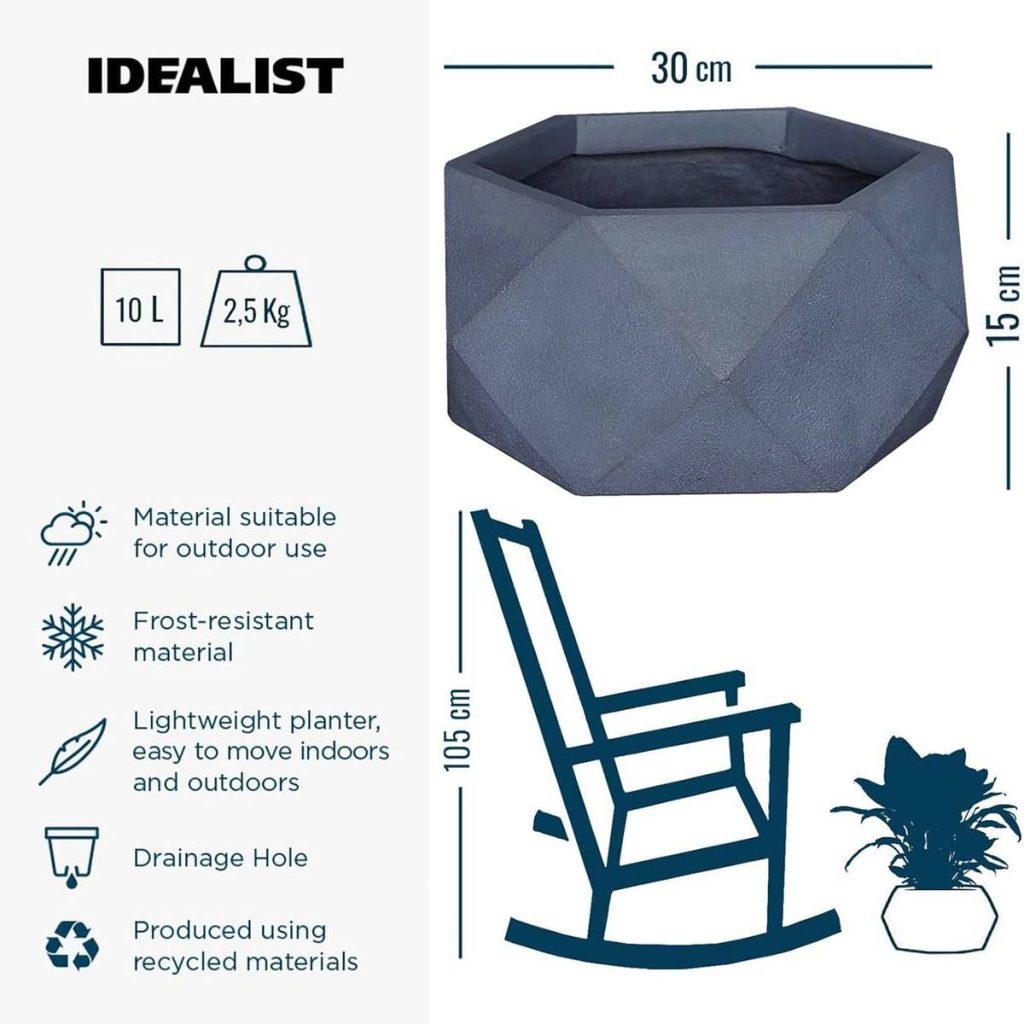 Geometry Style Grey Bowl Garden Planter, Indoor Plant Pot D30 H15 cm ...